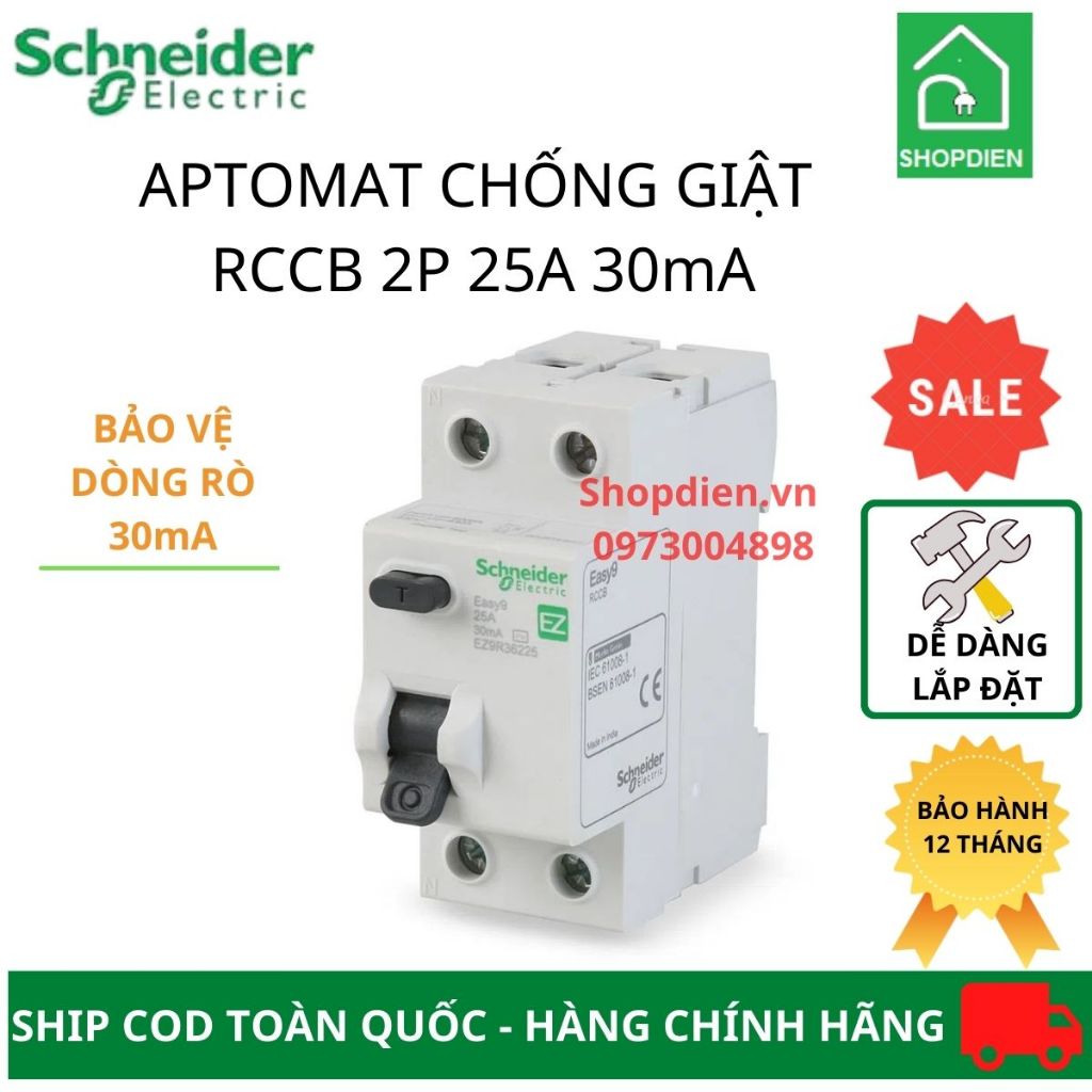 Aptomat Cầu dao chống giật chống rò điện RCCB 2P 25A 30mA Schneider Easy9 EZ9R36225 | Shopee ...