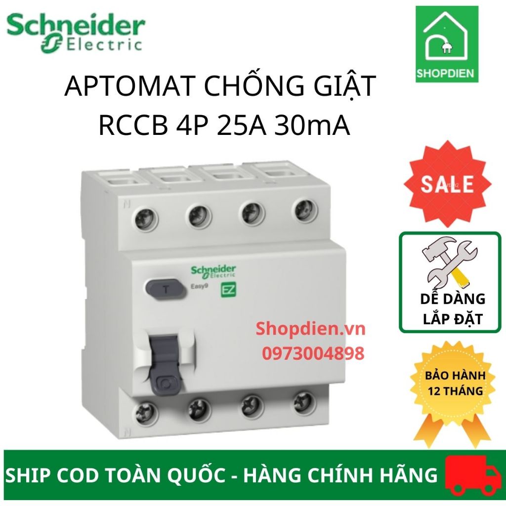 Aptomat Cầu dao chống giật chống rò điện RCCB 4P 25A 30mA Schneider ...