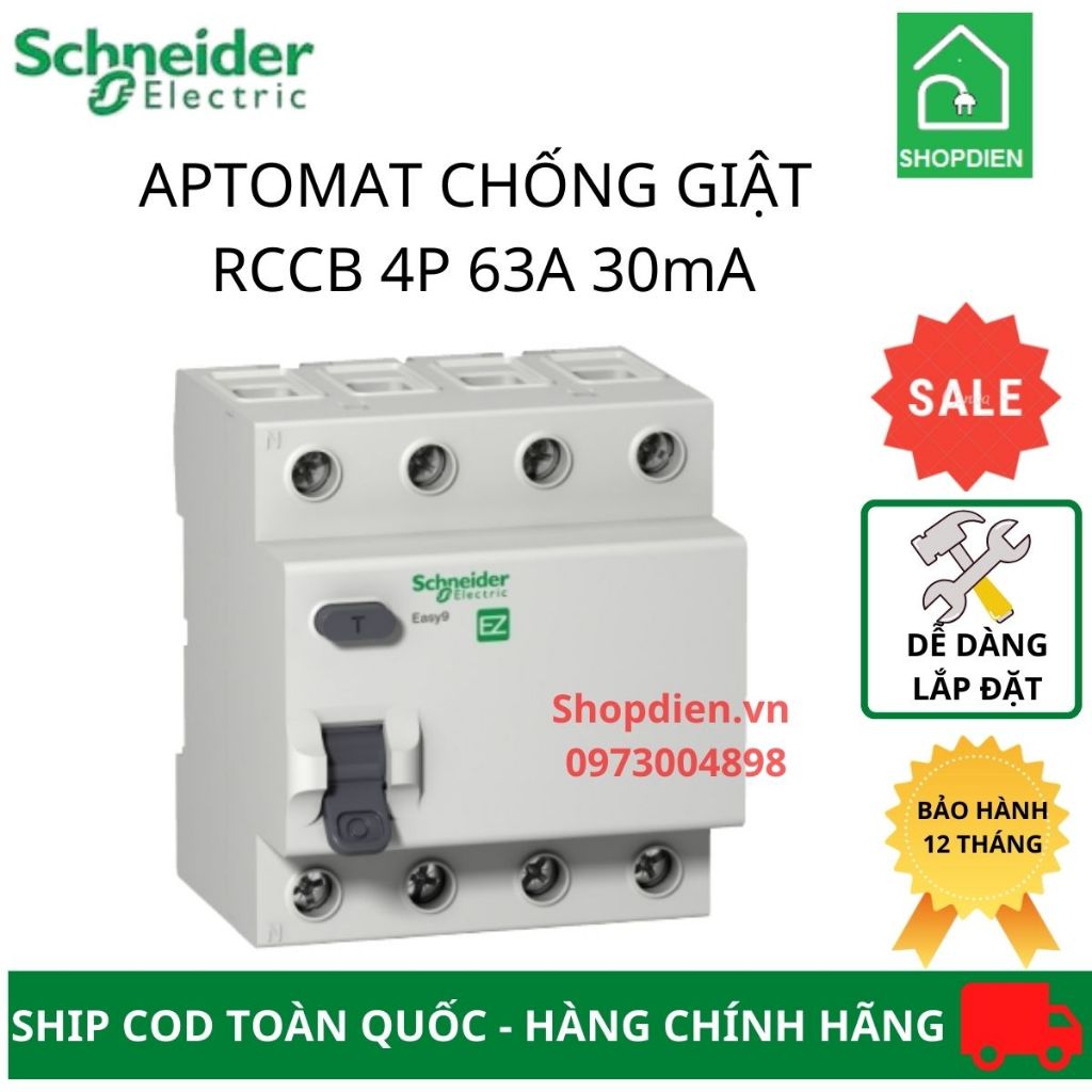 Aptomat Cầu dao chống giật chống rò điện RCCB 4P 63A 30mA Schneider Easy9 EZ9R36463 | Shopee ...