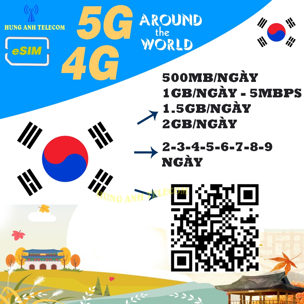 ESIM KOREA 4G/5G SIM DU LỊCH HÀN QUỐC TỐC ĐỘ CAO 3GB 2GB 1GB KHÔNG GIỚI HẠN DATA 2-9 NGÀY, QUÉT ...