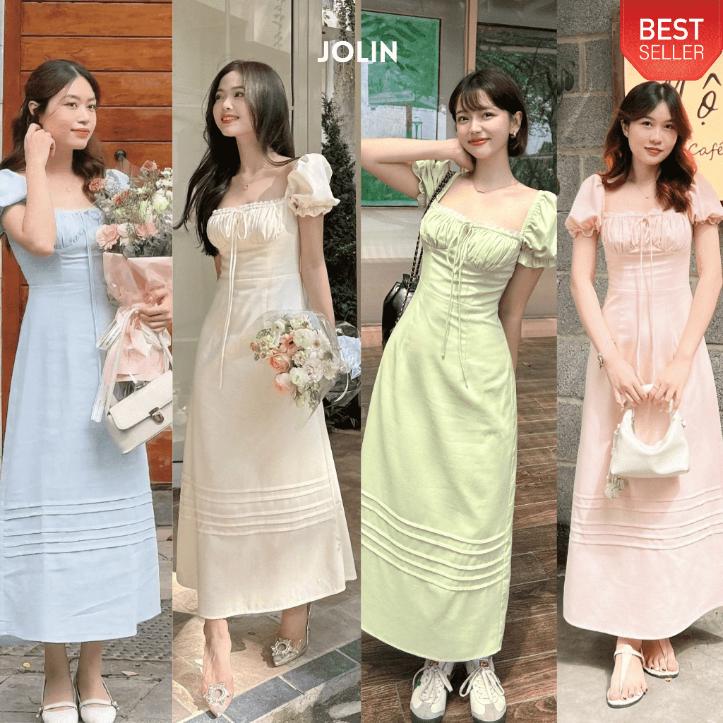𝐉𝐎𝐋𝐈𝐍 𝐋𝐈𝐋𝐘 𝐃𝐑𝐄𝐒𝐒 - Đầm nhún ngực phối ren tay phồng dáng dài maxi tông ...