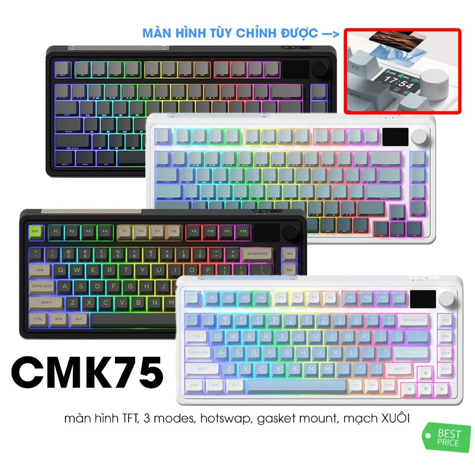 Bàn phím cơ FL-CMK75 | 3 modes | Mạch xuôi / Màn hình + Núm , Mod sẵn ...