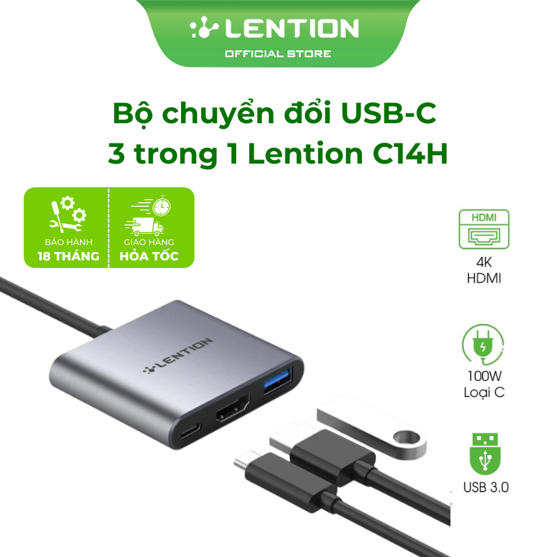 Bộ chuyển đổi Type C 3 trong 1 Lention C14H Màu Xám (Type C ra Type C ...