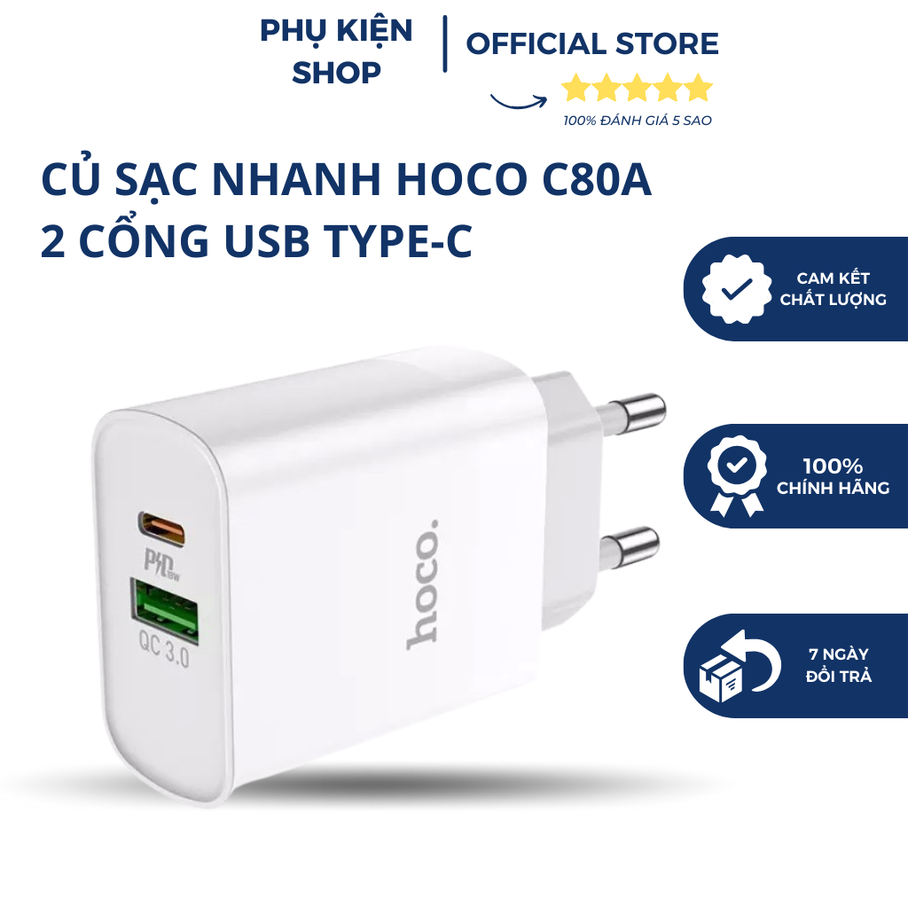 Củ sạc nhanh HOCO C80A 2 cổng USB + Type-C hỗ trợ sạc nhanh 18W dùng cho tất cả các dòng máy ...