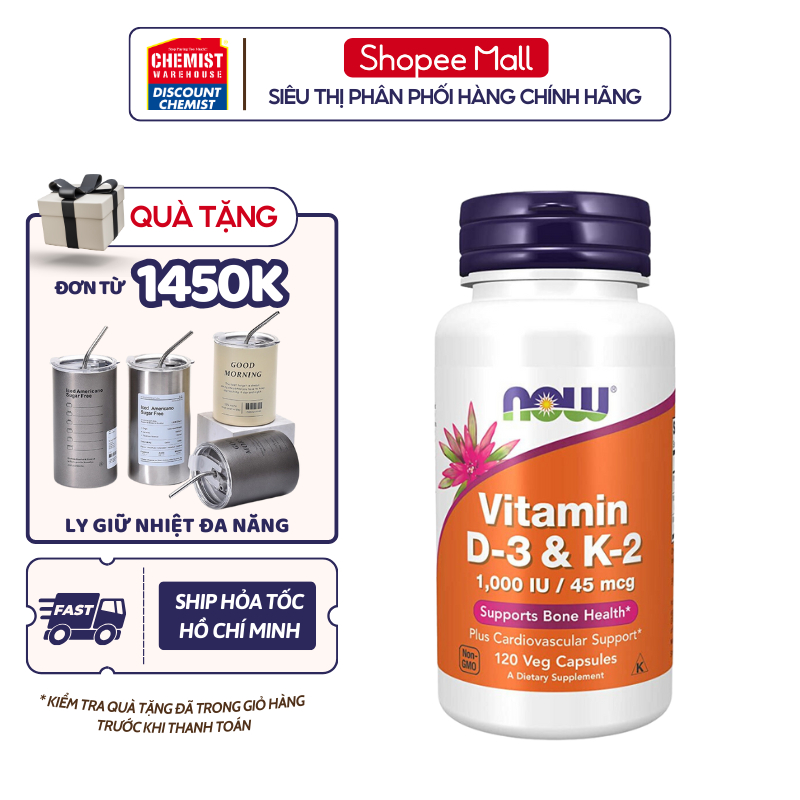 Viên uống bổ sung D3, K2 Now Vitamin D3 K2 1,000 IU 45 mcg 120 viên giúp chắc khỏe xương, tăng ...