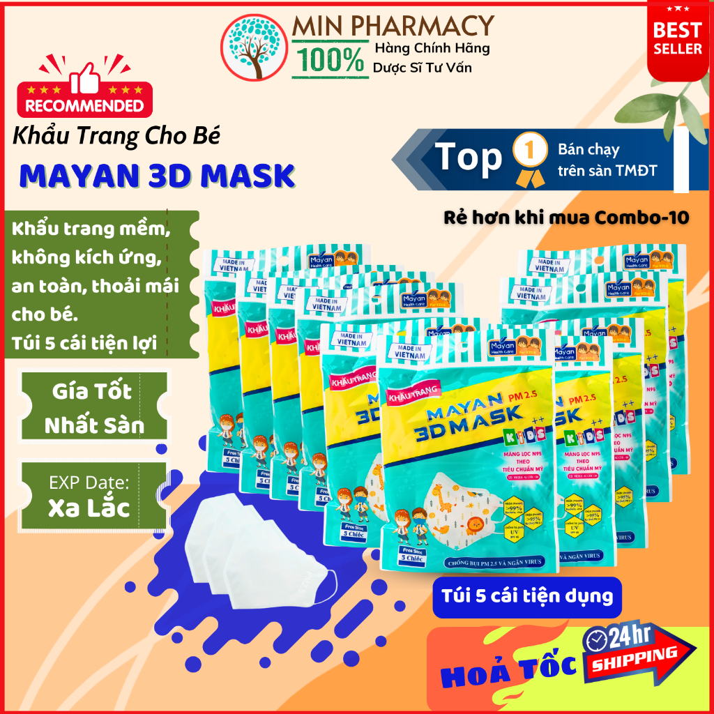 COMBO 10 TÚI Khẩu Trang màu trắng MAYAN 3D PM2.5 Kids++ cho trẻ em (túi 5 cái) - Minpharmacy ...