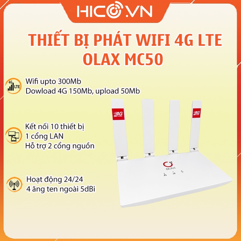 Thiết bị Wifi OLAX MC50 4G LTE Turbo, 4 Ăng Ten Ngoài , Kết Nối 10 Thiết Bị, Nguồn Type-C Và 12V ...
