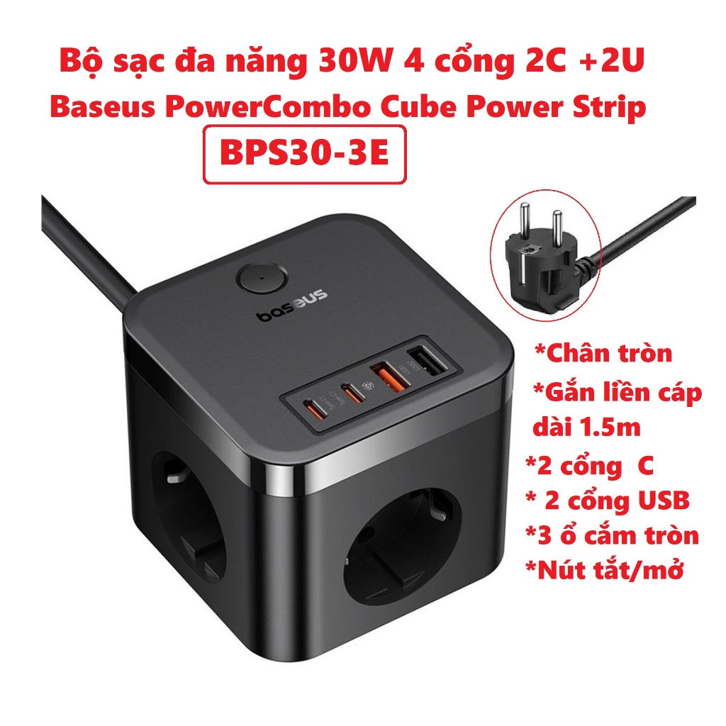 Bộ sạc đa năng 30W 4 cổng 2C 2U Baseus PoweCcombo Cube Power Strip ...