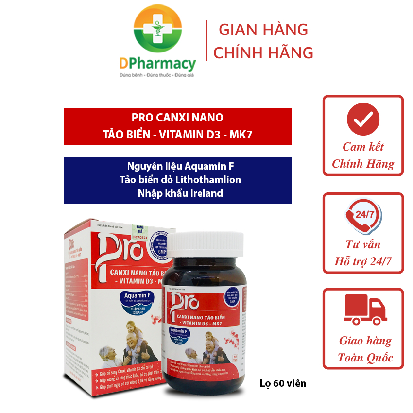 PRO CANXI NANO TẢO BIỂN - VITAMIN D3 - MK7.Bổ sung canxi, vitamin và các khoáng chất, lọ 60 viên ...
