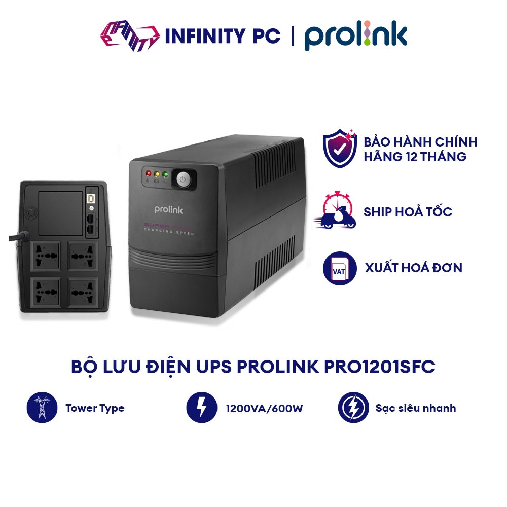 Bộ lưu điện UPS Prolink PRO1201SFC (1200VA/600W) sạc siêu nhanh, thời ...