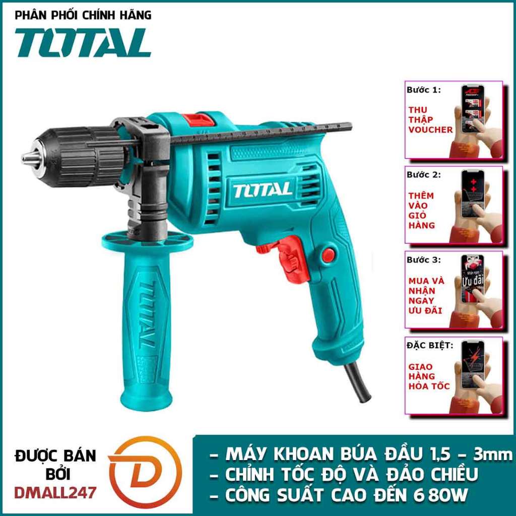Máy khoan búa 13mm 680W TOTAL TG1061356-2E - Chỉnh được tốc độ, đảo ...