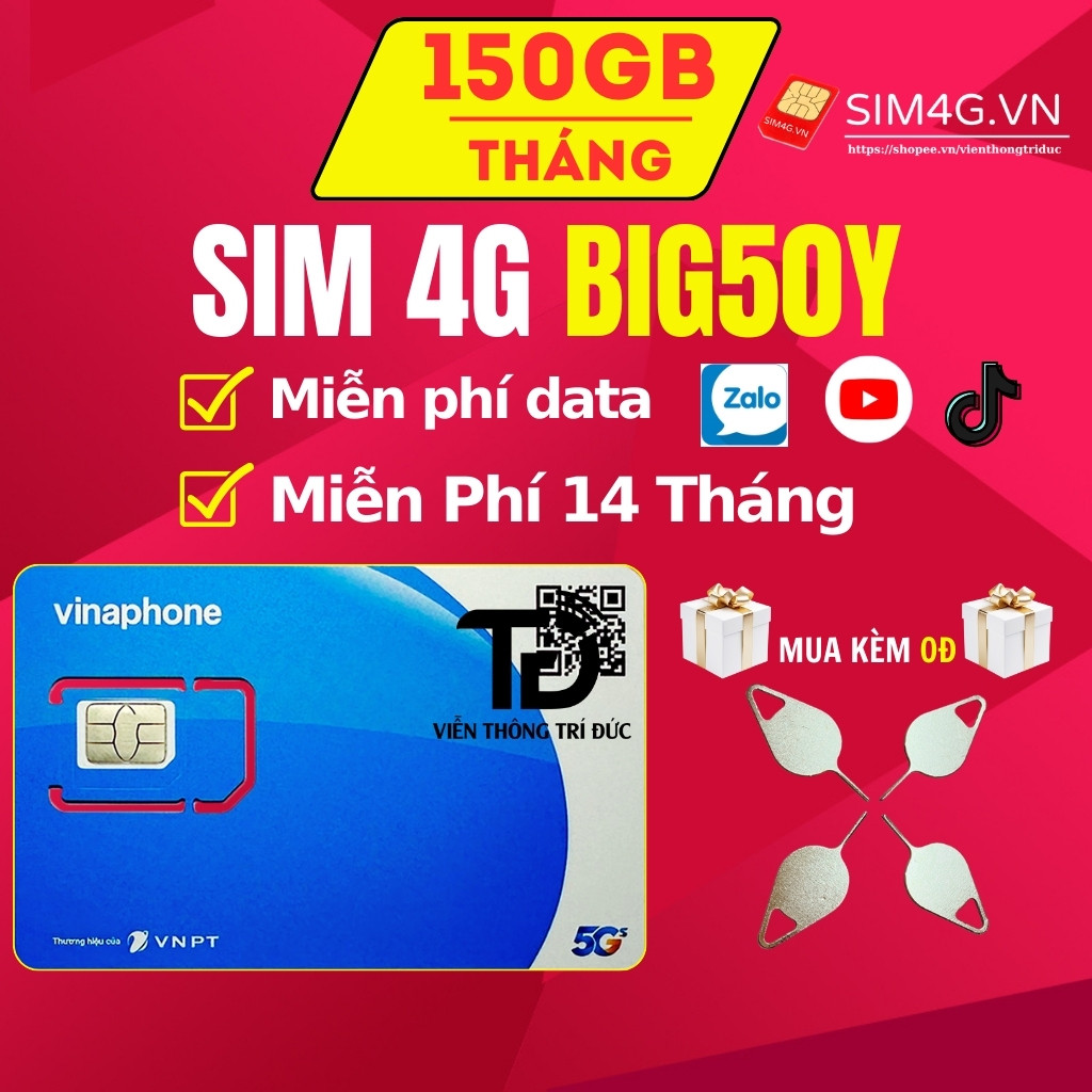 [TẶNG CHỌC SIM] Sim 4G VinaPhone 1 Năm BIG50Y/ITEL VIP12 Không Giới Hạn Data, U1500/500Gb, TD49 ...