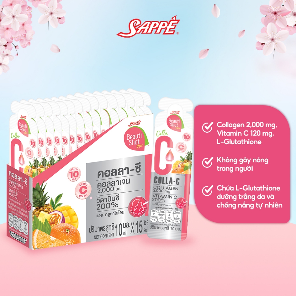 [HỘP 15 GÓI] Thanh uống Collagen 2000mg cô đặc, Vitamin C và L-Glutathione Sappe Beauti Shot ...