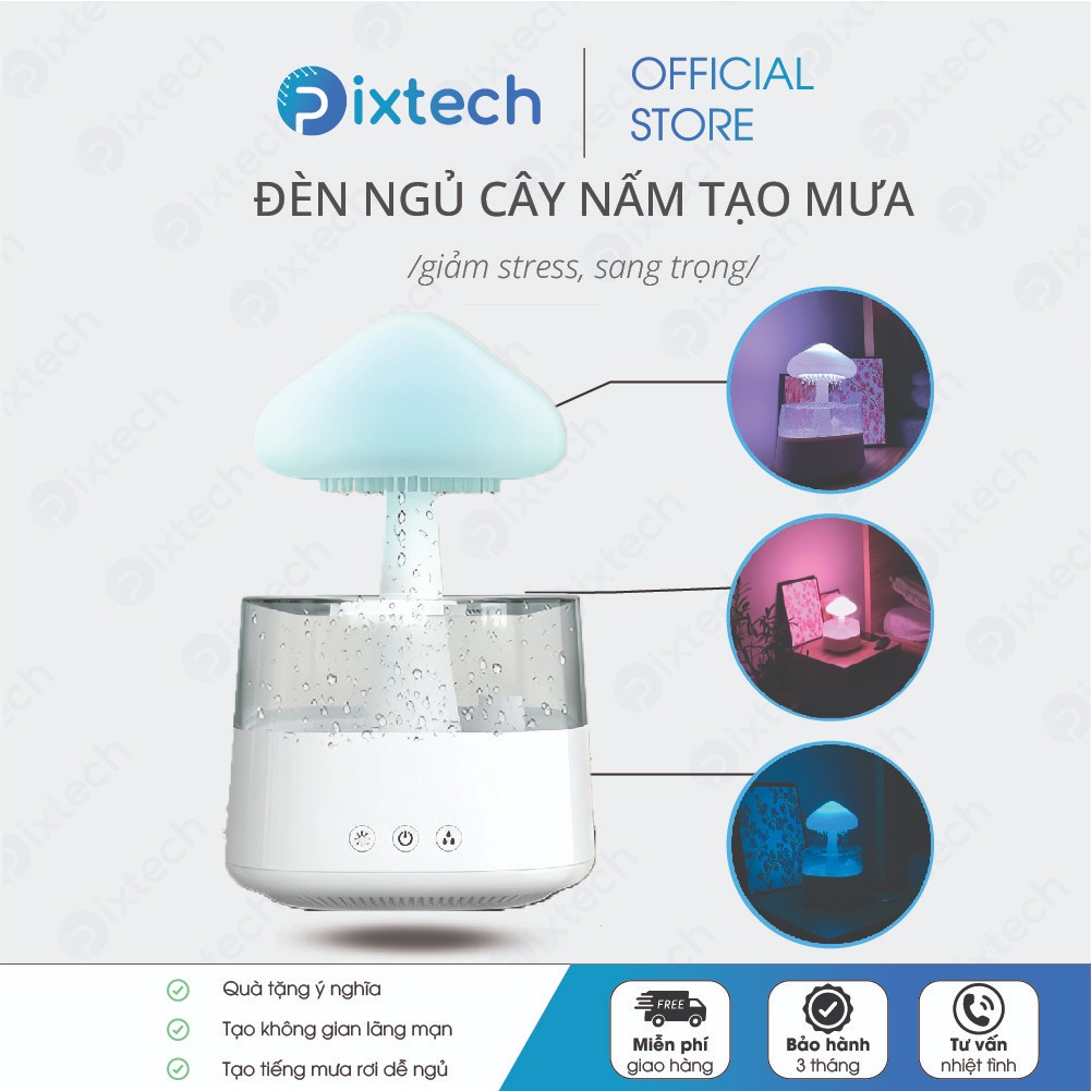 Đèn ngủ để bàn cây nấm Pixtech, ánh sáng 7 màu, phun sương, tạo tiếng mưa rơi giúp giảm stress ...