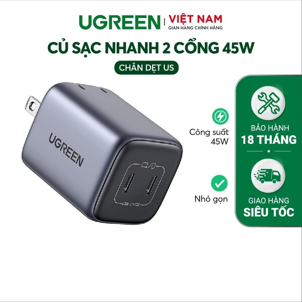 Củ sạc nhanh UGREEN 45W CD294 Nexode| Công nghệ GaN| 2 cổng Type C ...