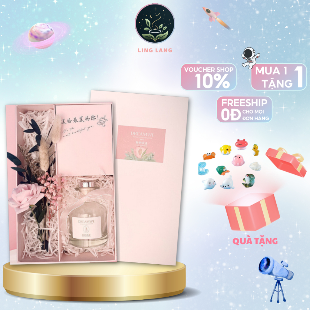 Set quà tinh dầu thơm hoa khô hộp trắng hoa xanh Ling Lang làm quà tặng ...