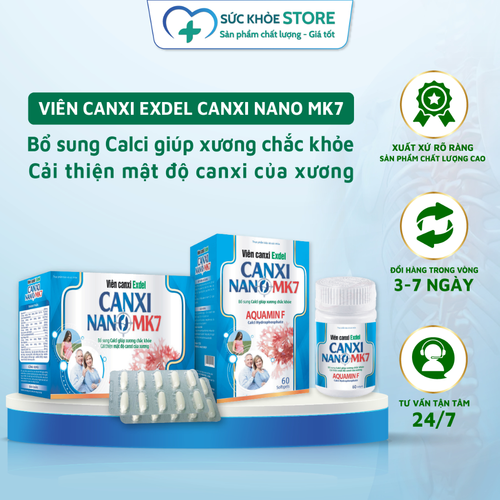 Viên uống CANXI NANO MK7, Bổ sung Calci, Vitamin D3, Hỗ trợ giảm thiếu hụt Calci ở Phụ nữ tuổi ...