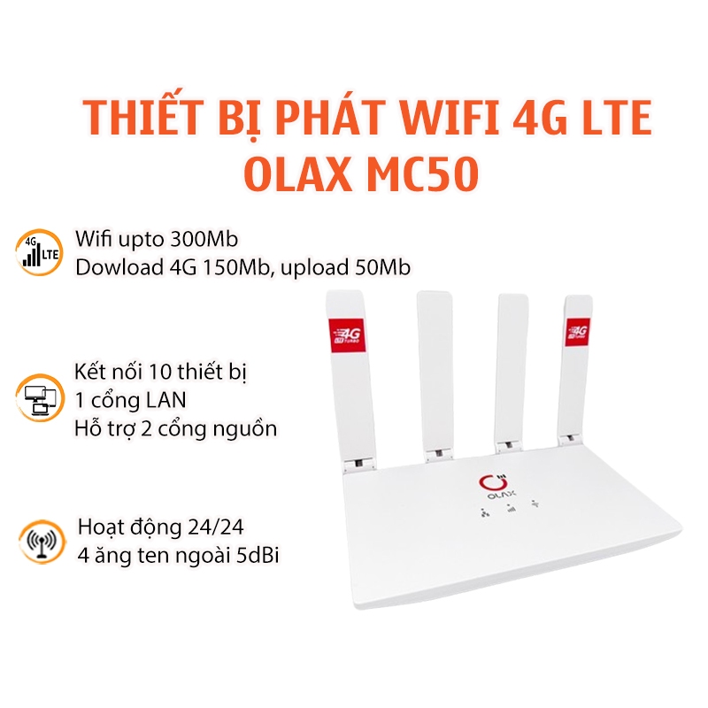 Bộ phát wifi 4G LTE Turbo HICO OLAX MC50, 4 ăng ten ngoài , nguồn type-C và 12v, kết nối 32 ...