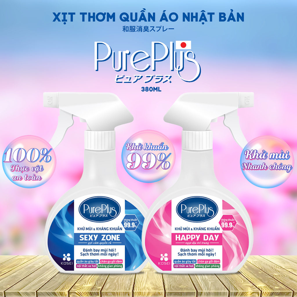 Xịt thơm phòng kháng khuẩn khử mùi đa năng Nhật Bản Pure Plus 380ml, 4 mùi lưu hương lâu ...