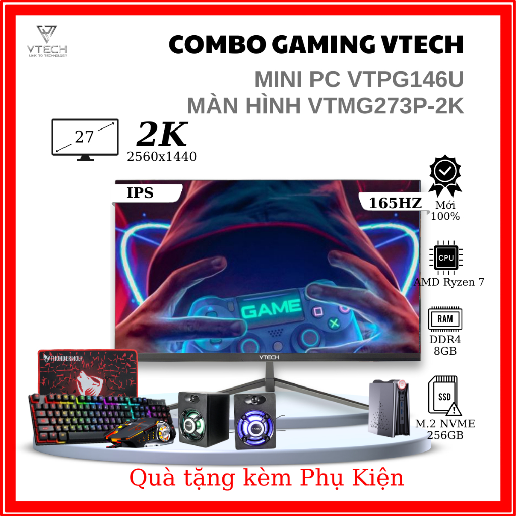 Bộ pc gaming full bộ VTECH VTPG146U, AMD Ryzen 7 5800U, RAM DDR4 8Gb, SSD *M.2 2280, 4K, chuyên ...