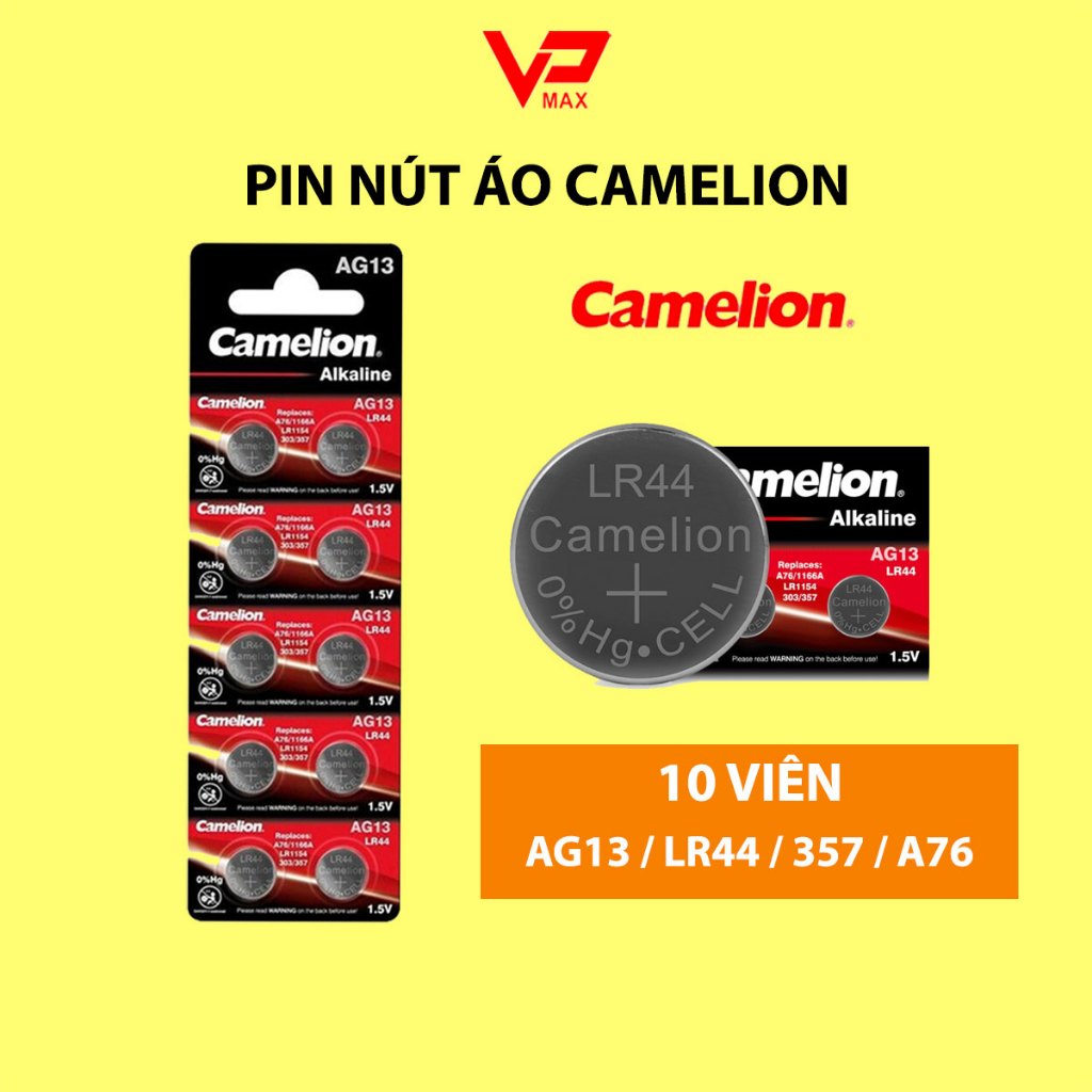 Vỉ 10 pin nút áo 1.5V Camelion AG10 AG13 , LR44, A76, SR44W, GP76A, 357 L1154F L1154 cho đồng hồ ...