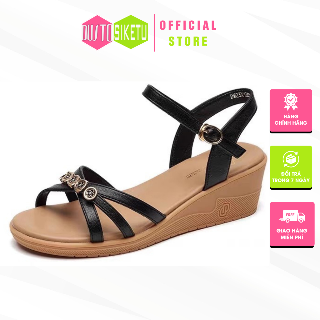 Giày sandal nữ Hãng Dusto, Sandal đế xuồng cao 5cm có khóa cài da mềm ...