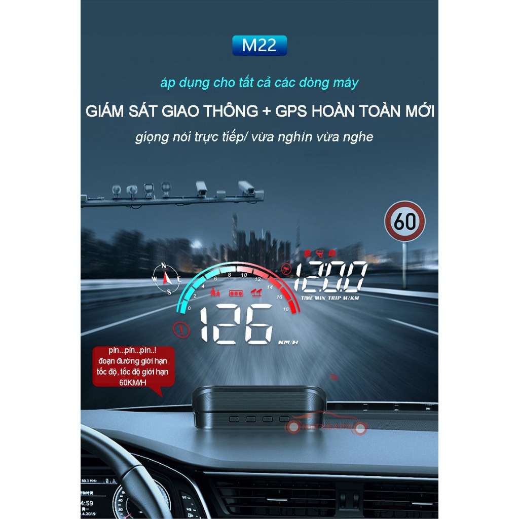 BỘ HIỂN THỊ HUD M22, HỖ TRỢ CẢNH BÁO GIAO THÔNG, CẢNH BÁO VƯỢT QUÁ TỐC ĐỘ BẰNG GIỌNG NÓI TIẾNG ...