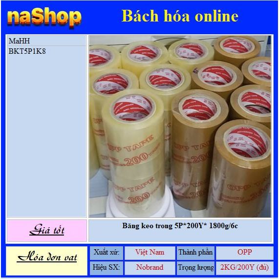 NaShop - 1 cây Băng keo trong bảng 5cm, dài 200y, trọng lượng đủ 2kg, băng keo đục, băng keo dán ...