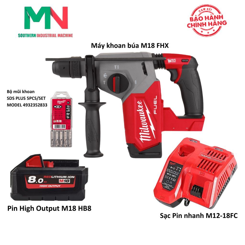 Combo Máy khoan búa Milwaukee M18 FHX + 1 Pin 18V 8.0Ah M18 HB8 + 1 Sạc ...