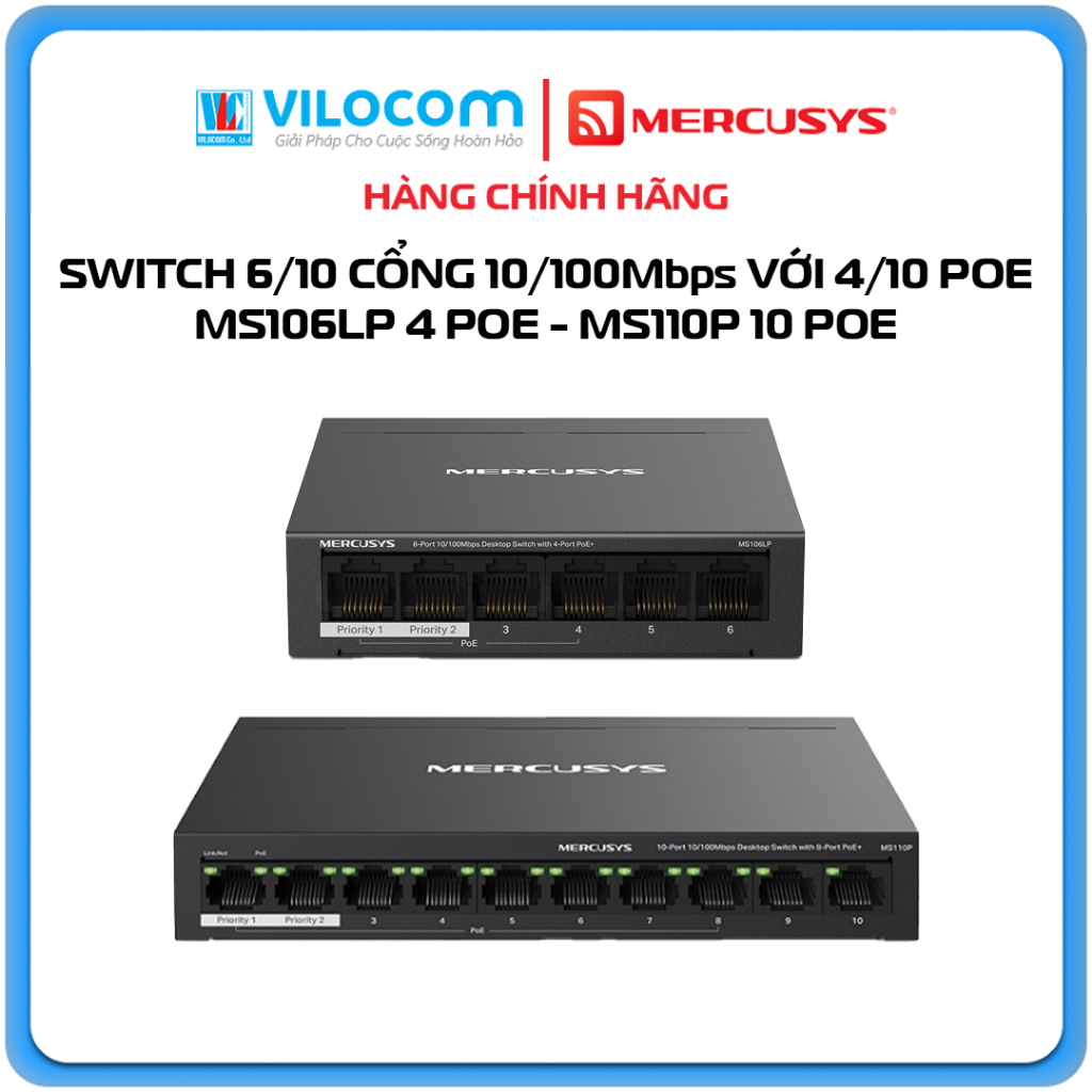 Switch Mercusys MS110P MS106LP 6/10 cổng 10/100Mbps với 4/8 cổng PoE+ ...