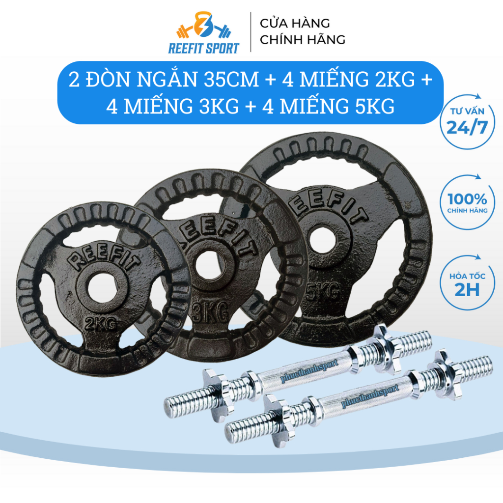 Bộ 2 tạ tháo lắp miếng gang bánh gang 3 lỗ (2 đòn 35cm + 4 miếng 5kg + 4 miếng 3kg + 4 miếng 2kg ...