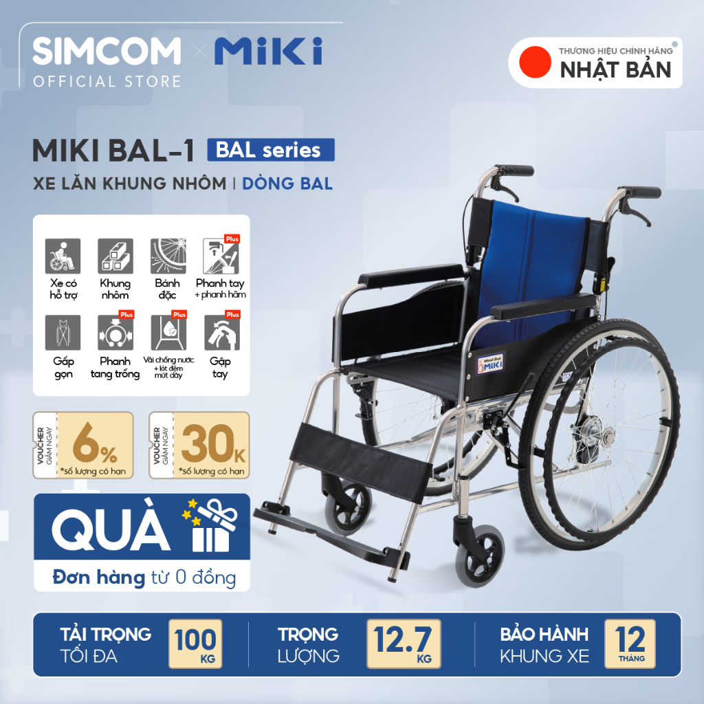 Xe lăn cao cấp MIKI BAL-1 chính hãng Nhật bản, dành cho người già, trọng lượng nhẹ, khung nhôm ...