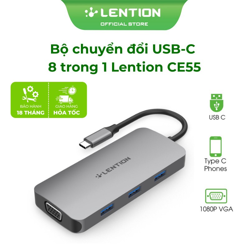 Bộ Chuyển Đổi Đa Năng Usb Type C 8 In 1 Lention Ce55 Xám Với 3 Cổng
