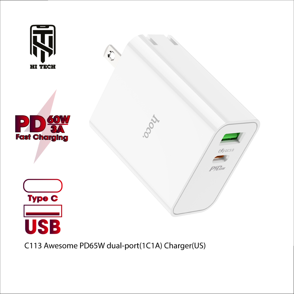 Củ sạc nhanh hoco C113, hỗ trợ sạc nhanh PD65W 3A gồm 2 cổng cắm USB ...
