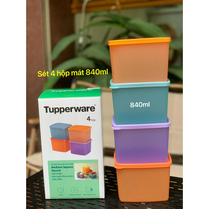Sét 4 hộp trữ khô/ mát Tupperware Medium Square Round Gen I 840ml (4 ...
