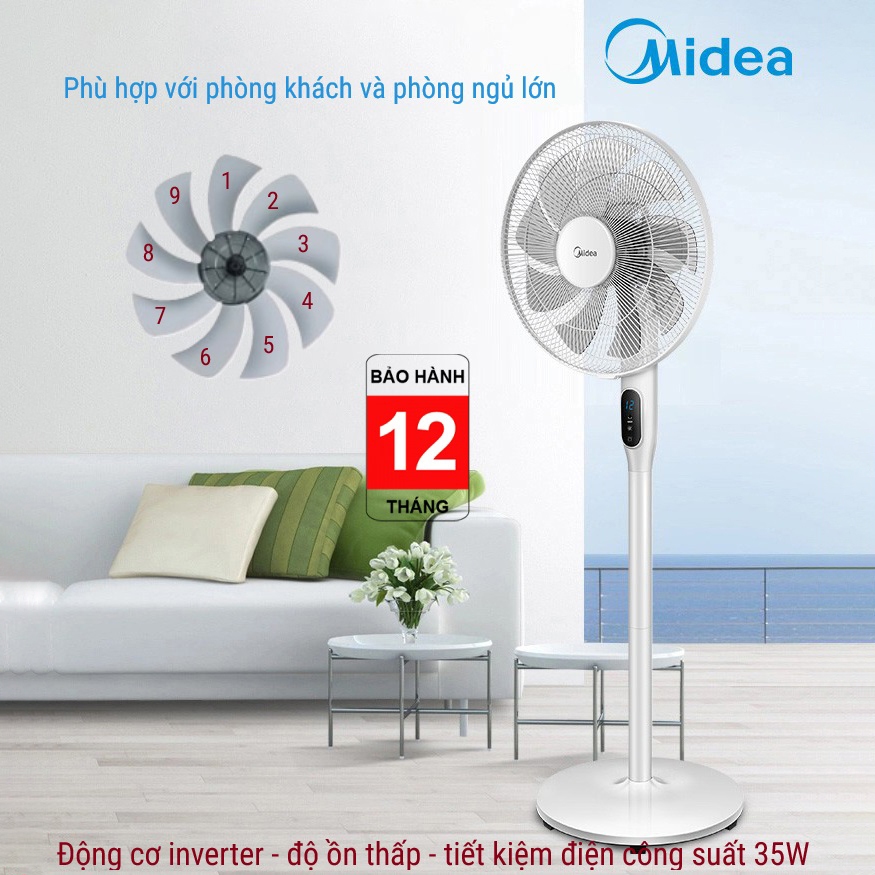Quạt cây Midea inverter FS40-18AR công suất 35W, quạt đứng Midea vận hành siêu êm với 9 cánh ...