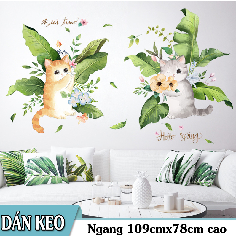 Decal dán tường trăng trí - 2 CHÚ MÈO CÂY CHUỐI HÁI HOA BẮT BƯỚM-BA2159 ...