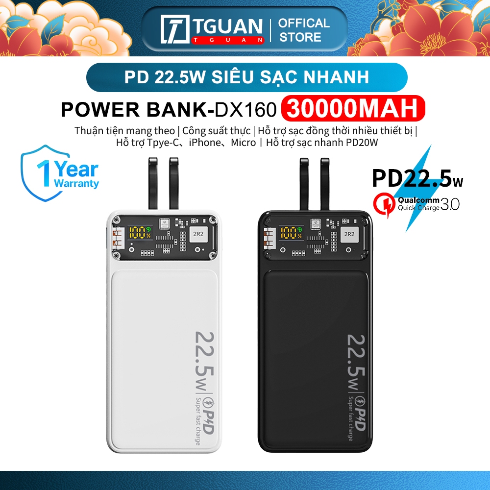 Sạc dự phòng Power bank TGUAN PD22.5W 30000mah pin dự phòng màn hình Led tích hợp tích hợp 2 đầu ...