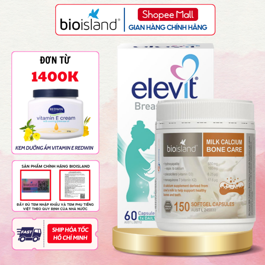 Combo lợi sữa cho mẹ sau sinh Canxi hữu cơ, Bioisland, Elevit Breast ...