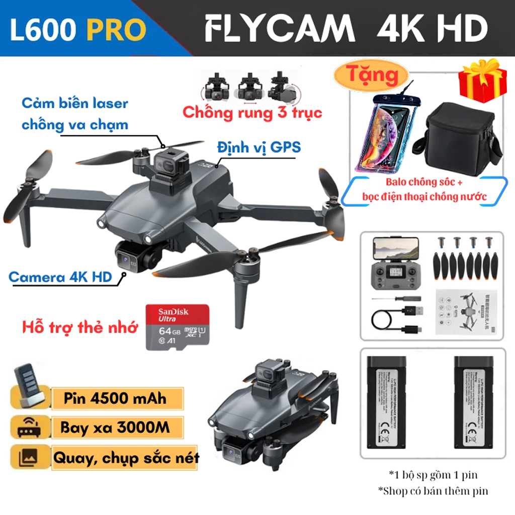 Flycam L600 Pro Camera 4K + EVO, Gimbal chống rung EIS 3 trục, Cảm biến ...