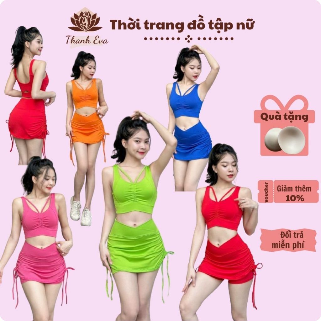 Bộ thể thao tập gym, bộ tập erobic, zumba, shuffer dance váy áo rút dây cạp chéo chất thun poly ...