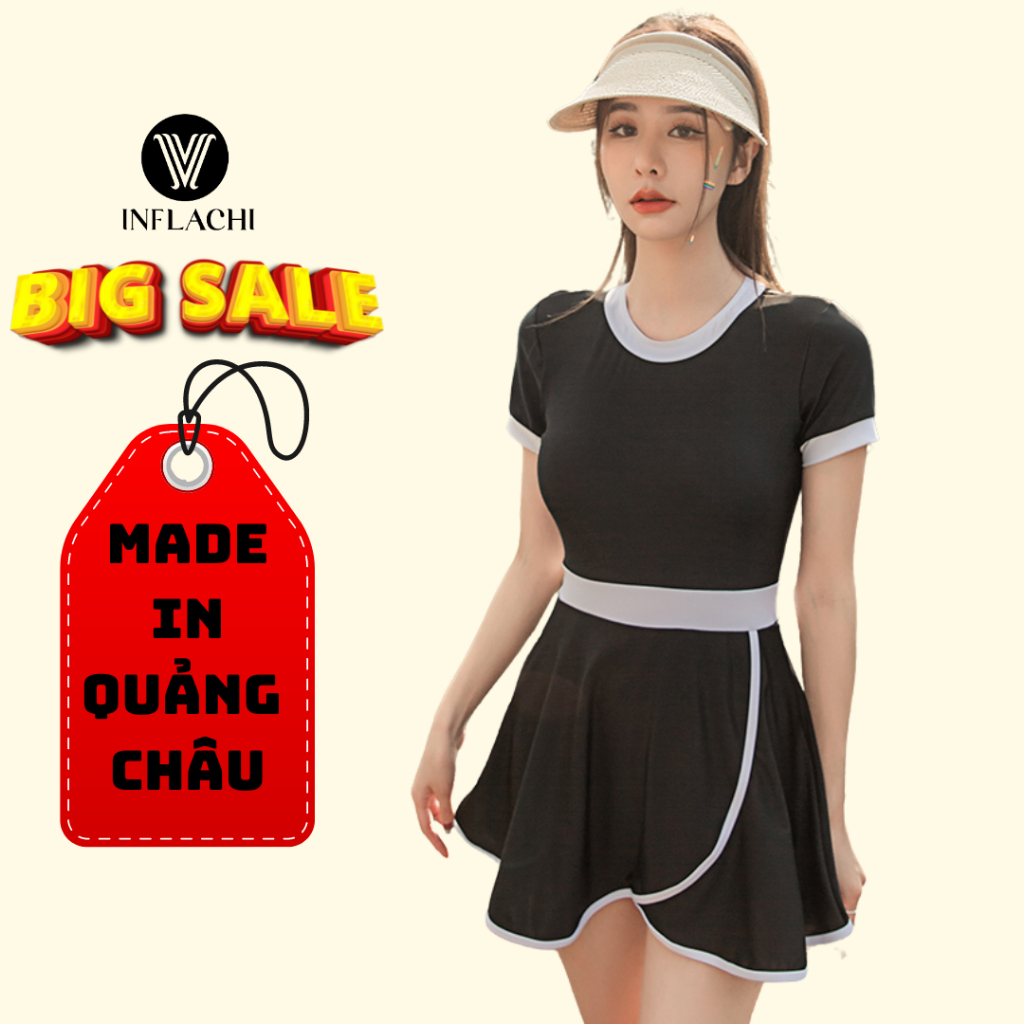 Bikini liền thân dáng váy bigsize Đồ bơi 1 mảnh cổ tròn tay ngắn váy ...
