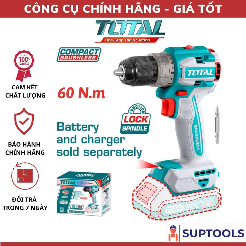 Máy khoan không chổi than dùng pin Lithium-Ion 20V TOTAL TDLI206021 không kèm pin sạc (Hàng ...