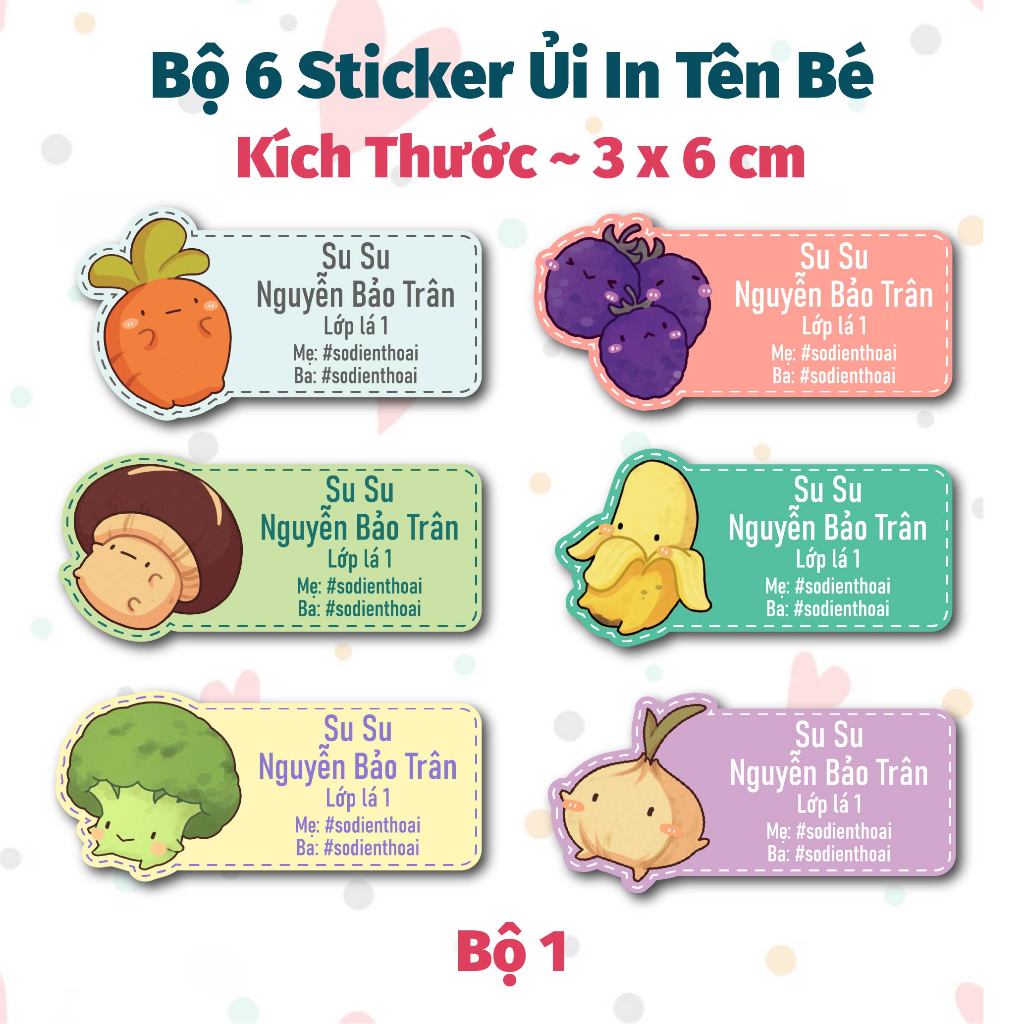 Bộ 6 Sticker Ủi In Tên Bé Mẫu Rau Củ Cute - Sticker Ủi Quần Áo, Ba lô ...
