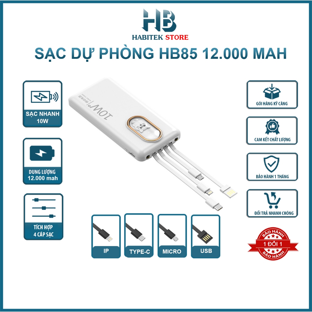 Sạc Dự Phòng HB85 12.000MAH , Tích Hợp 4 Cổng Sạc , Dây Tháo Lắp, Hình ...