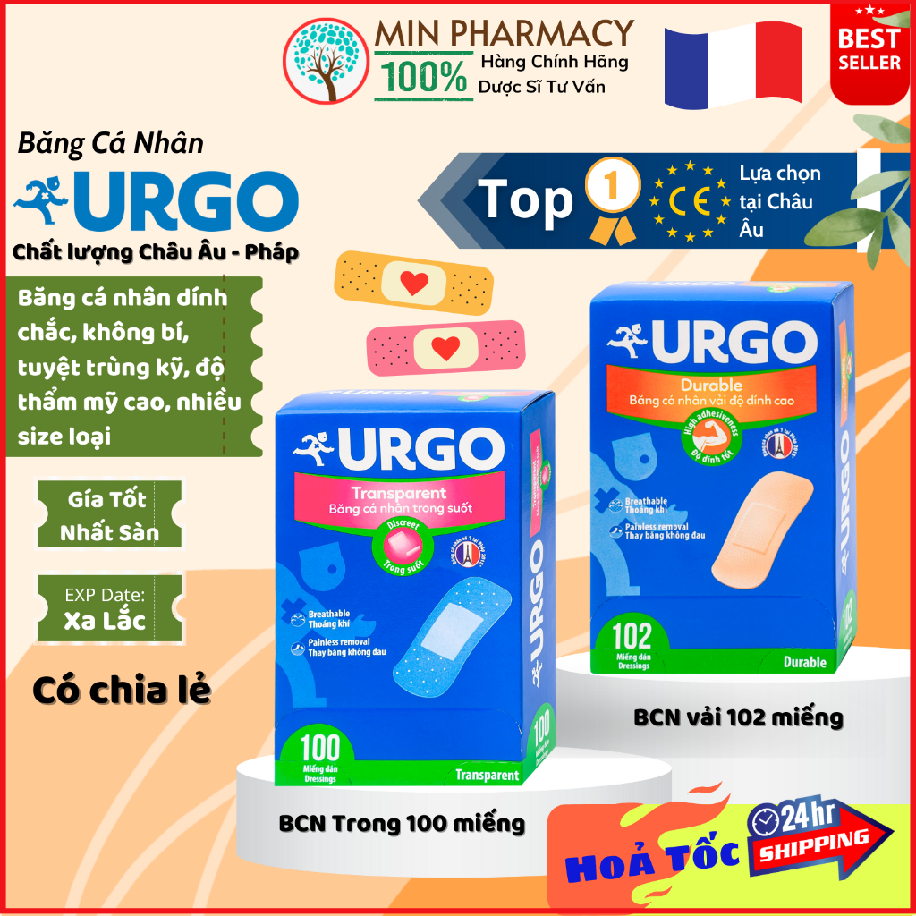 Băng cá nhân vải độ dính cao Urgo Durable /Băng dán y tế trong suốt ...