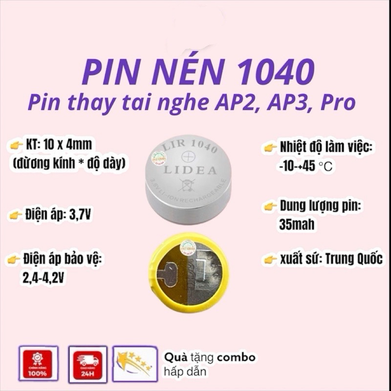 Pin nén tròn thay tai nghe Bluetooth hổ vằn Li-ion LIR1040 35mAh ...