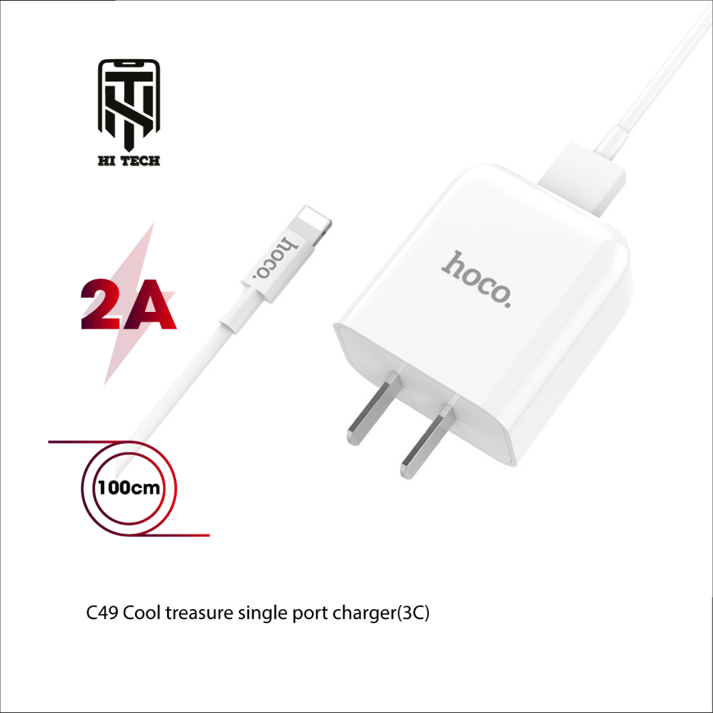 Bộ sạc nhanh 2A hoco C49, gồm củ sạc PC chống cháy siêu bền, kèm dây sạc nhanh USB to Ln dài 1m ...