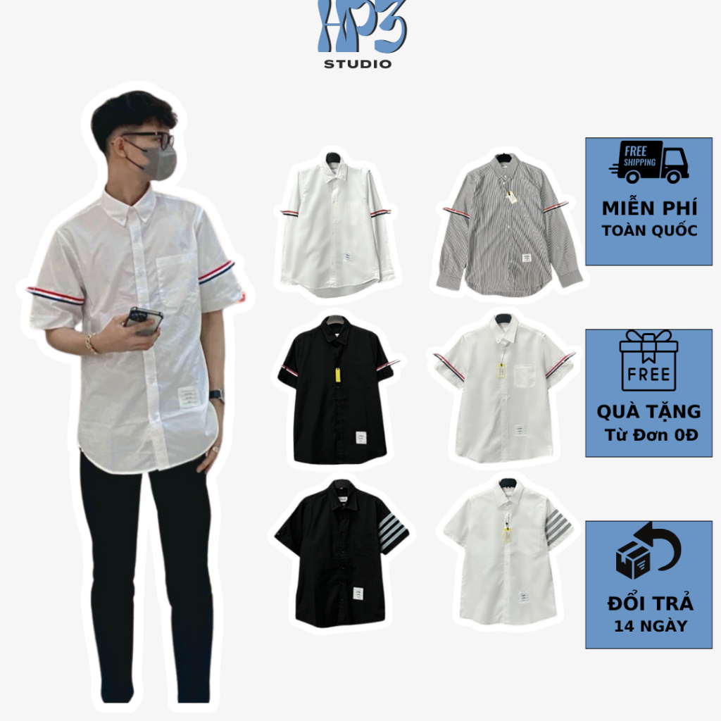 áo sơ mi nam tay dài boy phố THOM BROWNE,áo sơ mi nam tay ngắn boy phố form rộng hot trend local ...