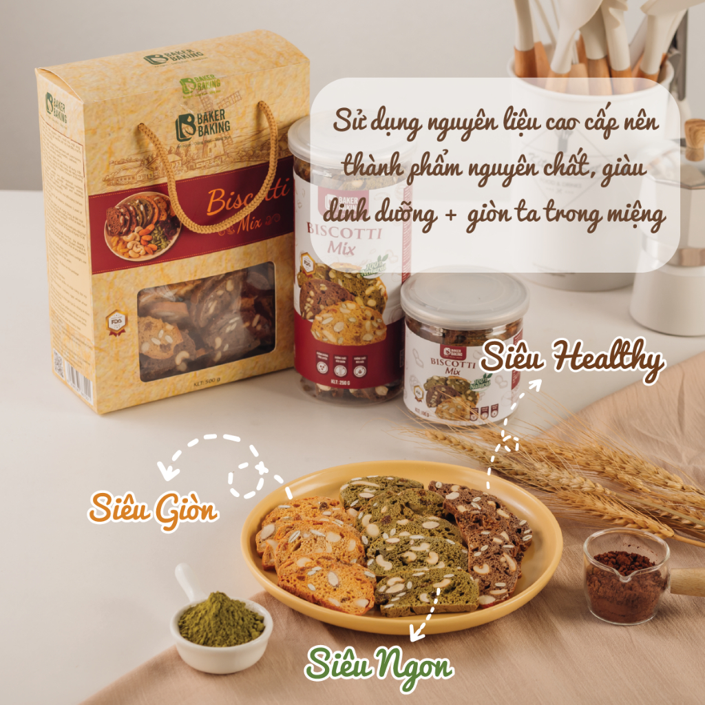 Bánh biscotti Baker Baking nguyên cám hỗ trợ giảm cân an toàn cho người tiểu đường 100-250-500g ...